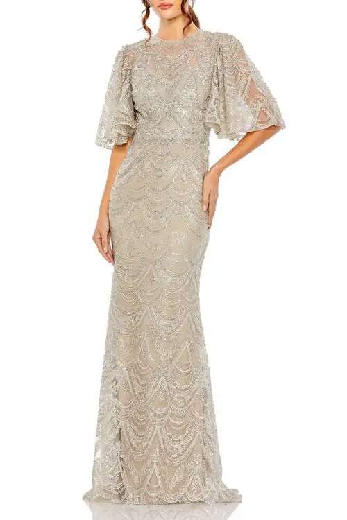 Mac Duggal Flutter Sleeve High Neck Gown