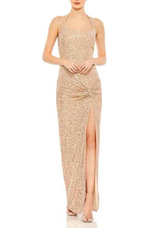 Mac Duggal Square Sequin Halter Gown - Rose Gold