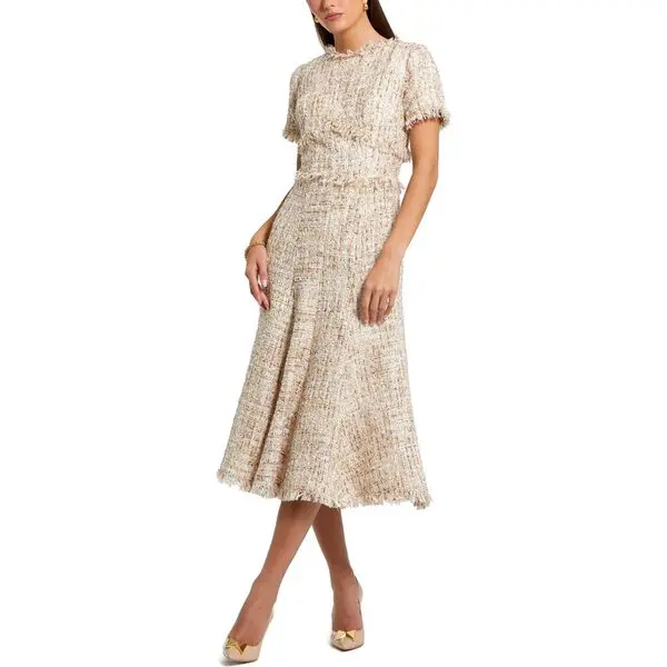 Mac Duggal Boucle A-line Midi Dress - Blush