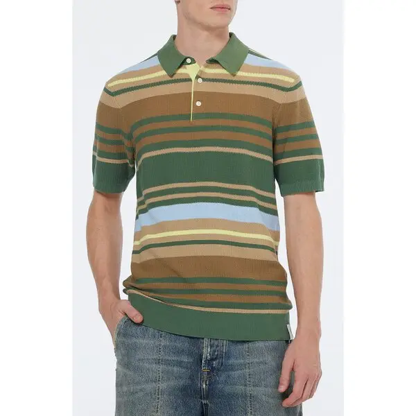 Scotch & Soda Stripe Textured Cotton Knit Polo - Sage Green Multi Stripe