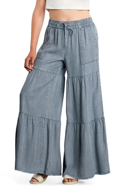 BILLY T Tiered Wide Leg Pants - Railroad Stripe Denim