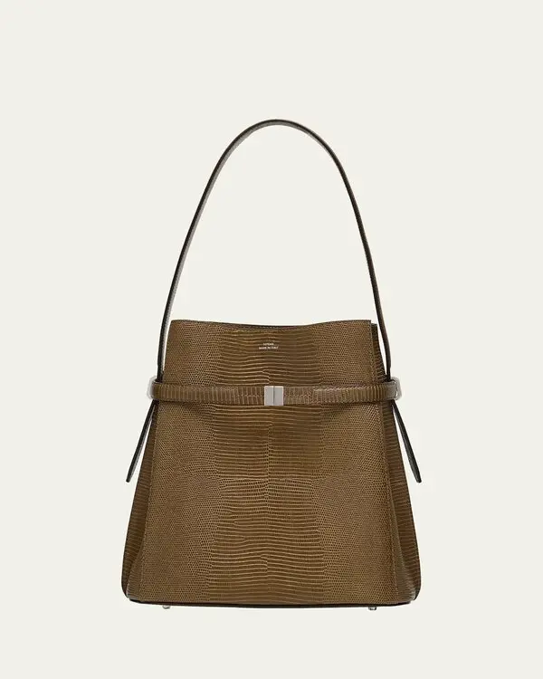 TOTÊME Belted Lizard-embossed Leather Bucket Bag - Dark Olive 244