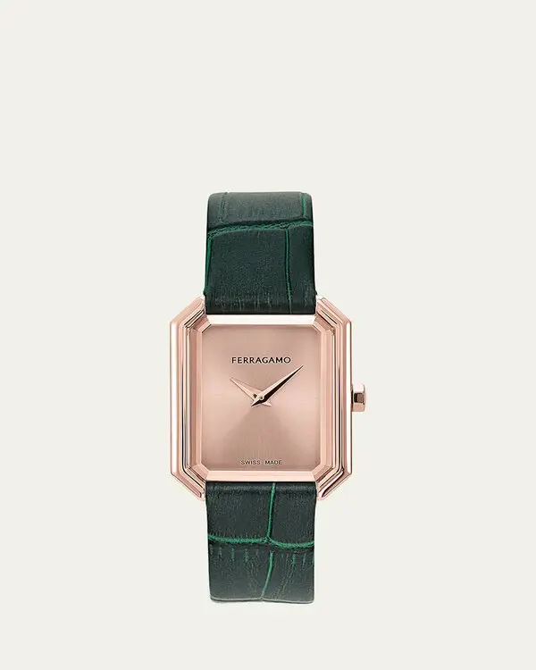 FERRAGAMO 26.5x33.5mm Crystal Watch With Calf Leather Strap - Rose Gold