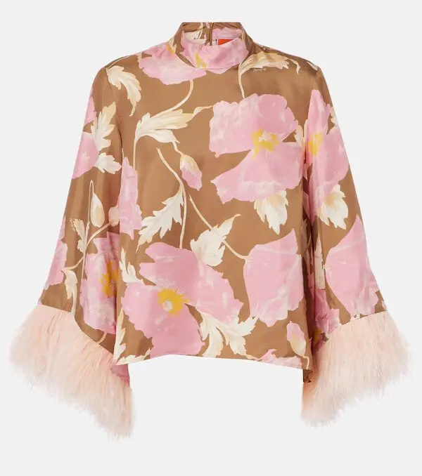 La DoubleJ Make An Exit Feather-trimmed Silk Top - Multicoloured