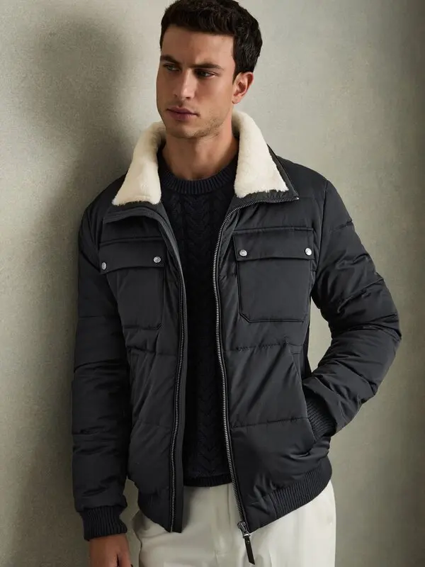 REISS Misty Puffer Jacket With Faux-fur Collar - Navy/ White Borg
