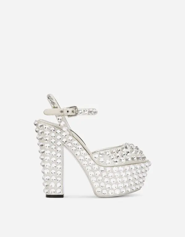 Dolce & Gabbana Satin Rhinestone Platform Sandals - Silver