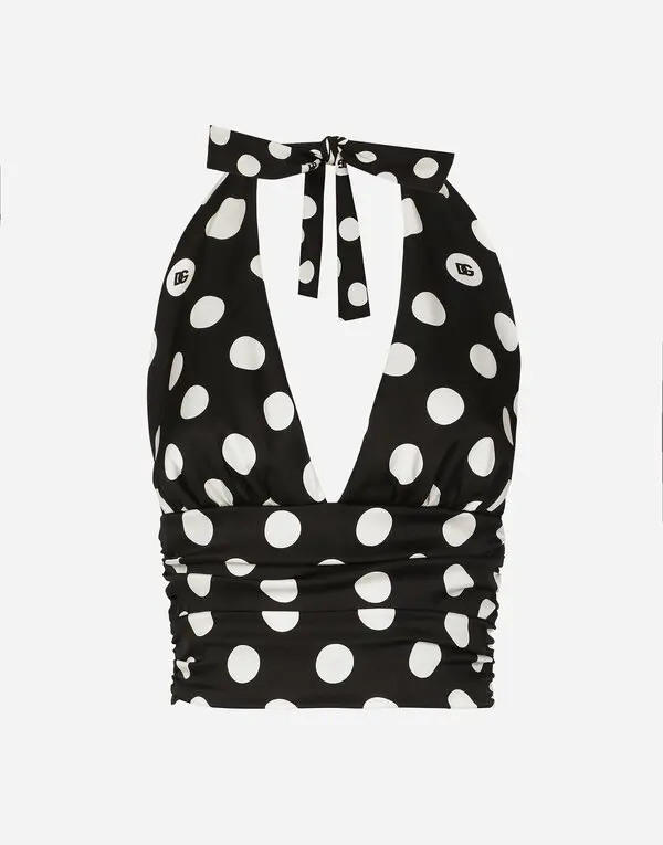 Dolce & Gabbana Polka-dot Charmeuse Plunging Neckline Top - Print