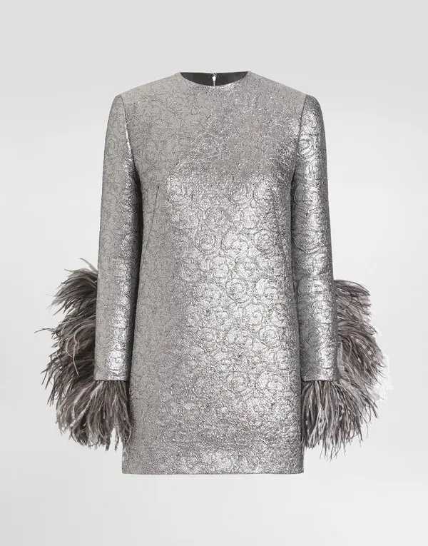 Dolce & Gabbana Quilted Lamé Jacquard Mini Dress With Feathers