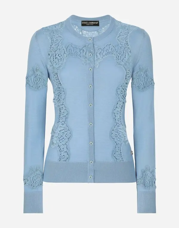 Dolce & Gabbana Cashmere And Silk Cardigan With Lace Inlay - Azure