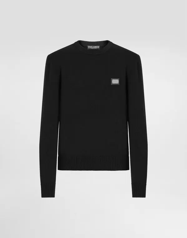 Dolce & Gabbana Wool Round-neck Sweater With Branded Tag - Black