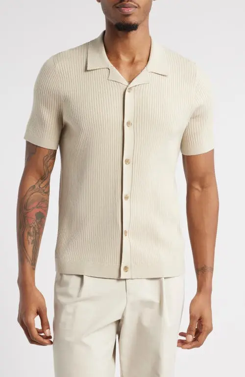OPEN EDIT Ribbed Camp Collar Cardigan - Beige Birch