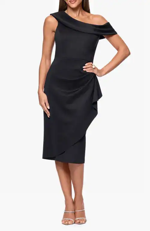 Xscape Evenings One-Shoulder Ruched Midi Dress - Black | Editorialist