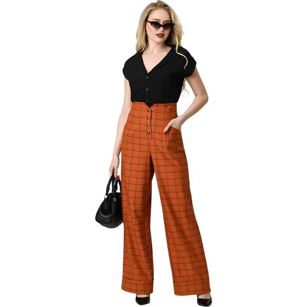 Unique Vintage 1940s Buttoned Trousers - Orange Plaid