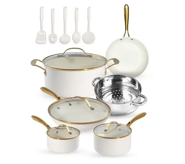GOTHAM STEEL Cream 15 Piece Nonstick Cookware A Nd Utensil Set
