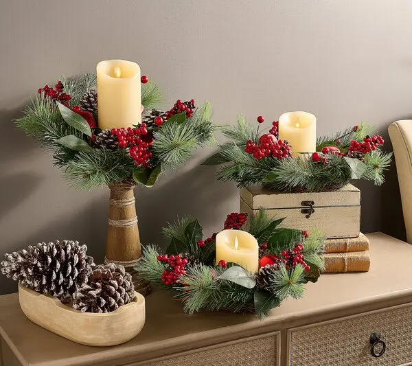 VALERIE PARR HILL As Is S/3 Berry, Pinecone And Greenery Candle Rings Valerie