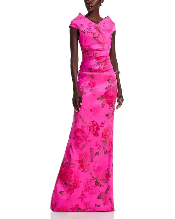 Rickie Freeman For Teri Jon Pleated Waist Gown In Hot Pink Multi - 50% Off  | Editorialist
