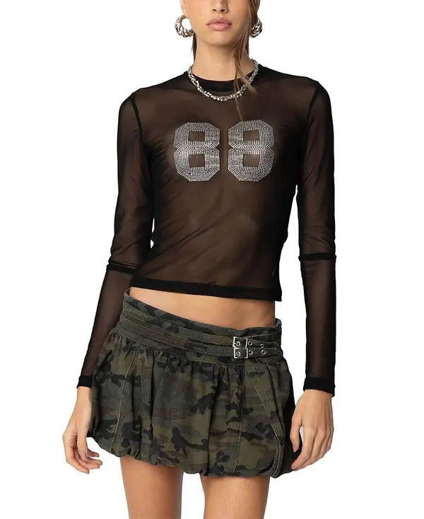 EDIKTED 88 Rhinestone Sheer Mesh Top