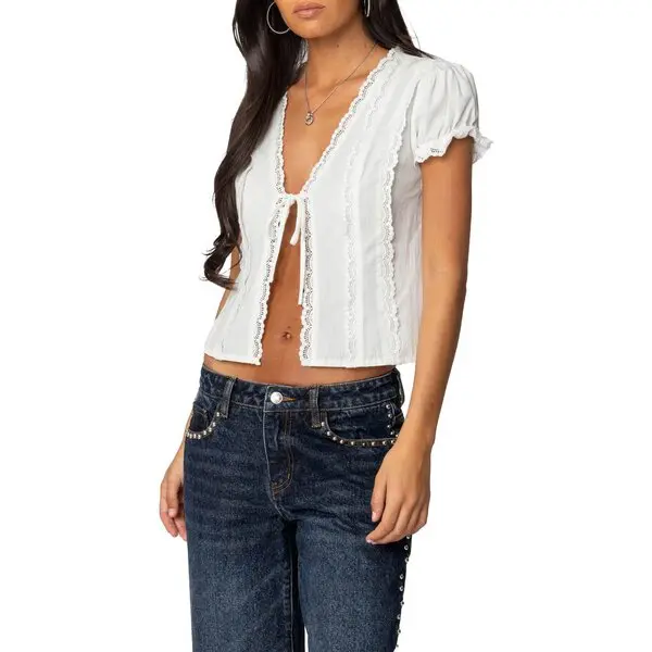 EDIKTED Tie Front Scalloped Top - White