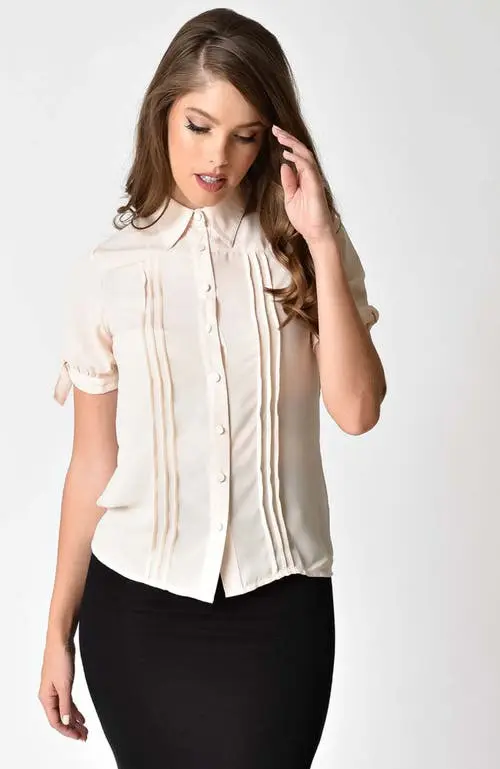 Unique Vintage 1950s Tie Cuff Blouse - Cream