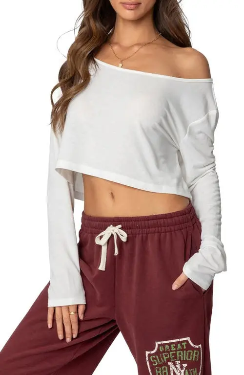 EDIKTED One-shoulder Long Sleeve Crop Top - White