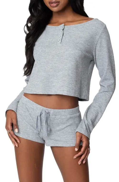EDIKTED Teddy Waffle Knit Crop Henley - Gray-melange