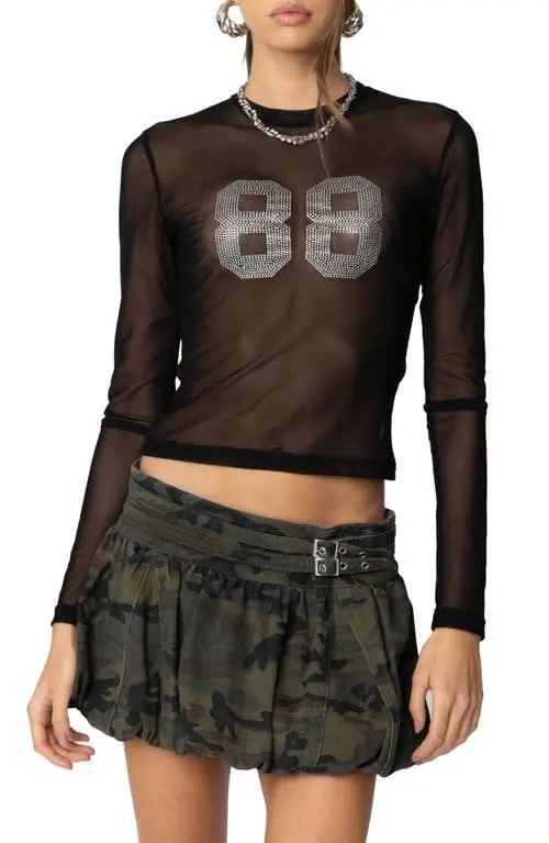 EDIKTED Rhinestone Mesh Top