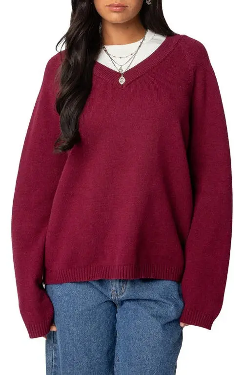 EDIKTED Martha Oversize V-neck Sweater - Burgundy