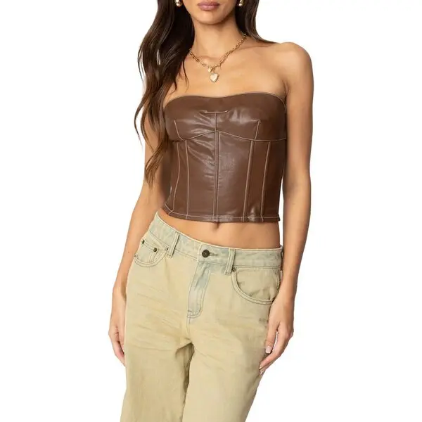 EDIKTED Faux Leather Lace-up Corset Top - Brown