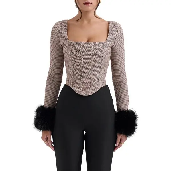 House Of Cb Antonia Microcheck Corset Top With Faux Fur Cuffs