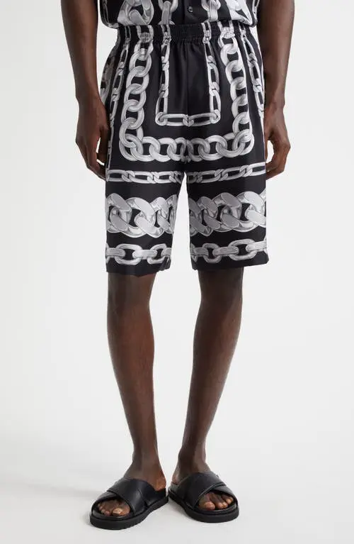 Versace Medusa Chains Print Silk Shorts - Black Silver