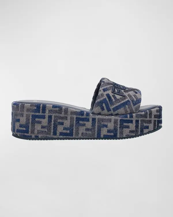 Fendi Sunshine Ff Chenille Jacquard Platform Sandals - Grigio Blu Blue