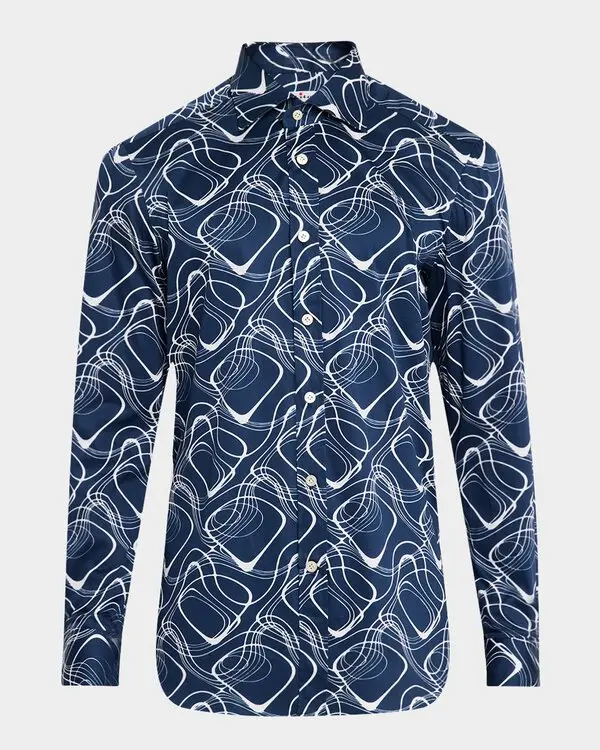 Kiton Cotton Wave-print Sport Shirt - Navy
