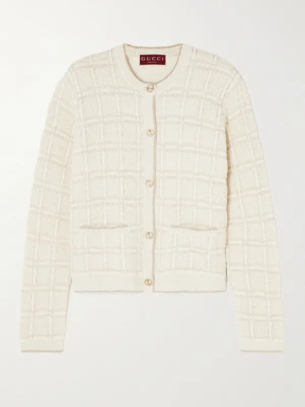 Gucci Checked Metallic Jacquard-knit Wool-blend Cardigan - Off-white