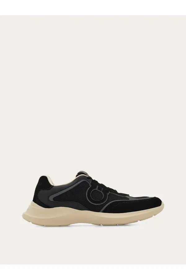 FERRAGAMO Low Top Sneaker With Gancini Ornament - Black