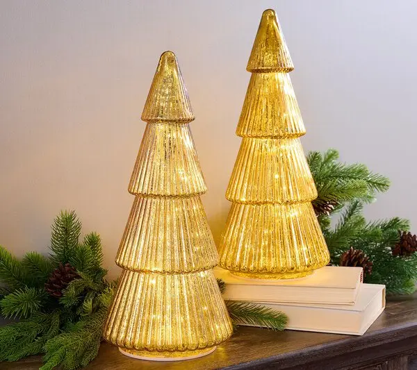 VALERIE PARR HILL As Is Set Of 2 15' Illuminated Mercury Glass Trees Valerie