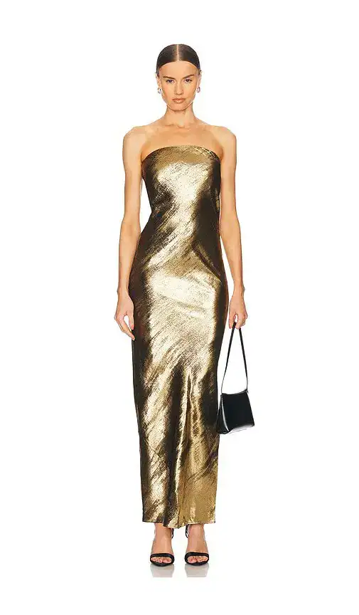 gold metallic maxi dress Queen Style Metallic Fabric Cross Neck Cutout Slit Pleated Maxi Dress –  roschic