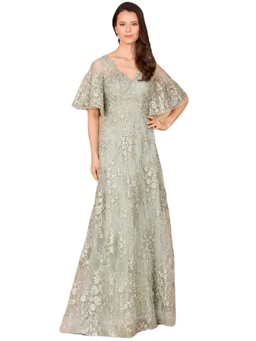 LARA NEW YORK V-neck Embellished A-line Gown With Cape Sleeves
