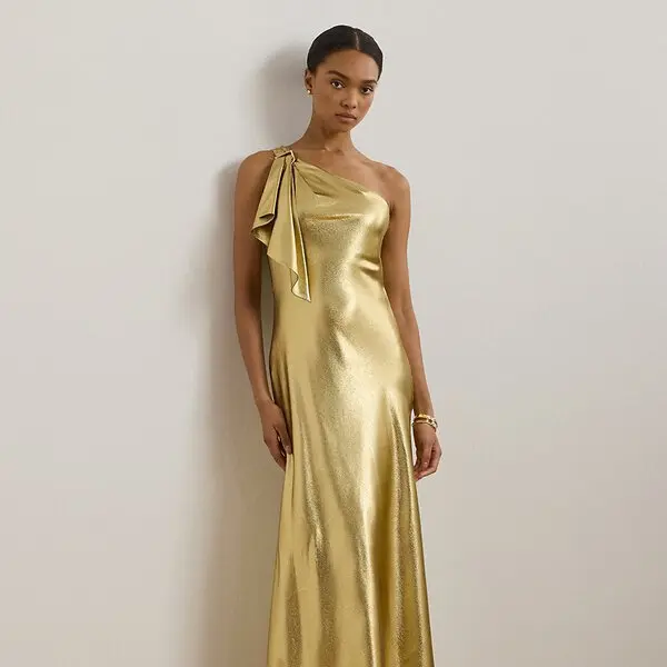 Ralph Lauren Metallic Charmeuse One-shoulder Gown