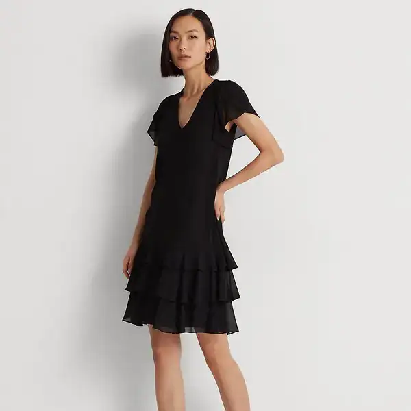 Ralph Lauren Georgette Drop-Waist Dress - Black | Editorialist