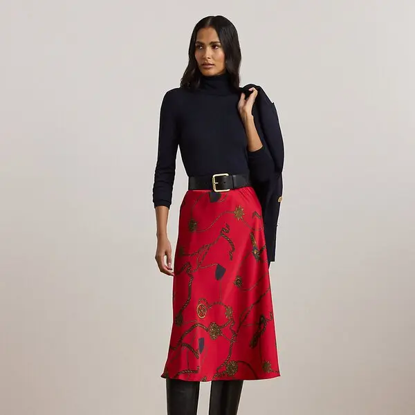 Ralph Lauren Belting-print Satin Charmeuse Midi Skirt