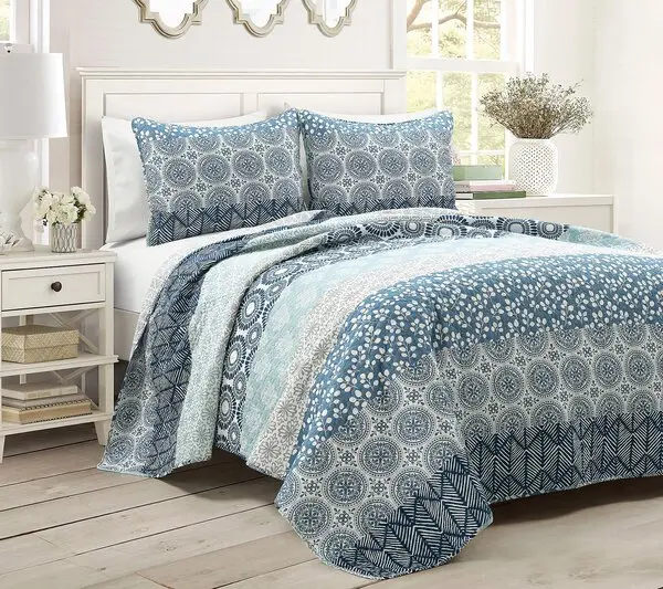 LUSH DECOR Bohemian Stripe Quilt Navy/blue 3pc Set- Cal K