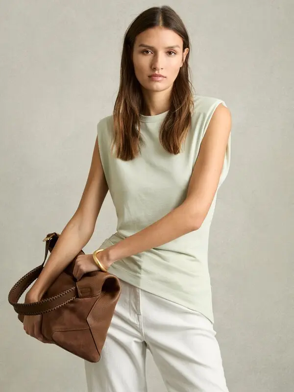 REISS Sadie Shoulder-pad Top - Sage