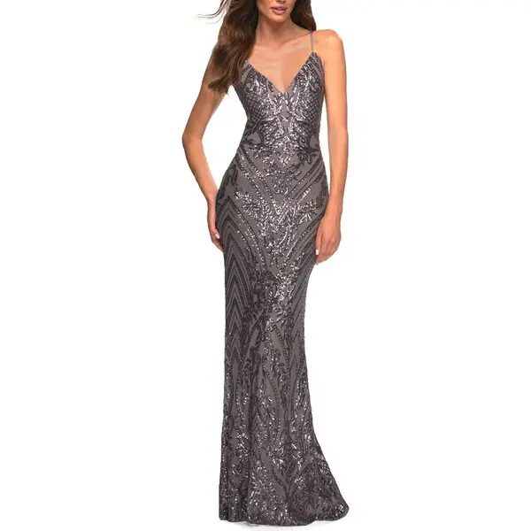 LABOMME Print Sequin Gown With V-neckline - Gunmetal
