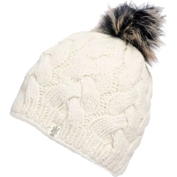 NIRVANNA DESIGNS Boheme Cable Beanie With Faux Fur Pom - White