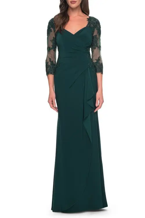 LABOMME Lace And Net Jersey Gown With Illusion Sleeves - Hunter Green