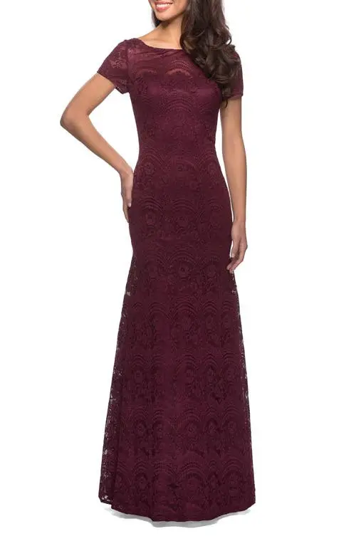LABOMME Floor Length Lace Gown With Short Sleeves