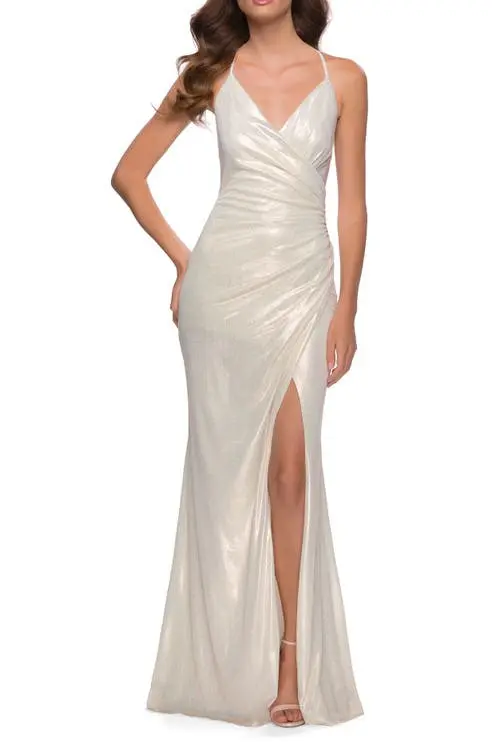LABOMME Wrap Style Metallic Gown With Ruching