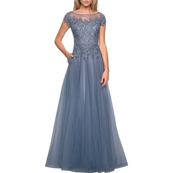 LABOMME Long Tulle Gown With Lace Bodice And Pockets - Smoky Blue