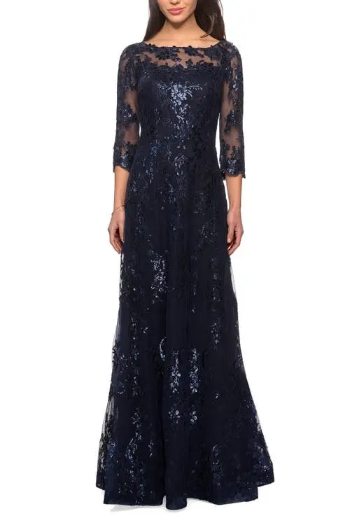 LABOMME Long Lace And Sequin Gown