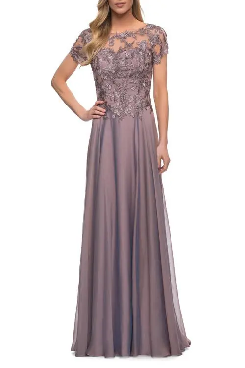 LABOMME Chiffon Evening Gown With Lace Bodice
